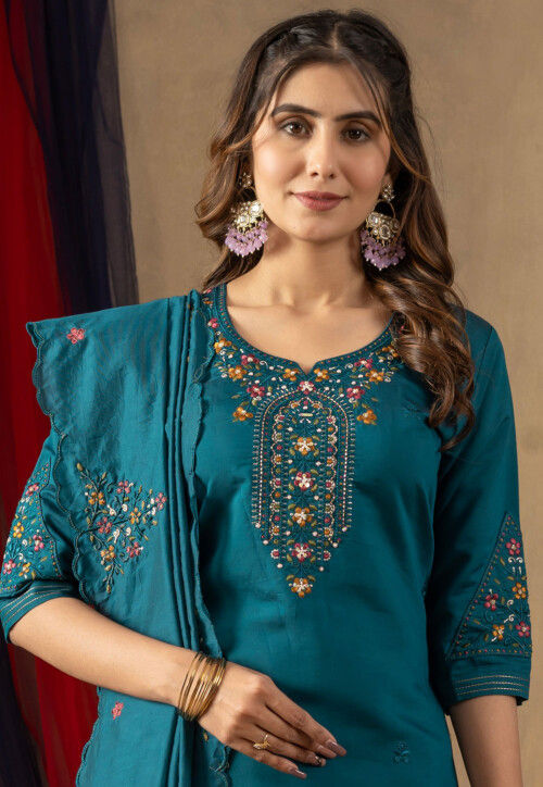 Buy Embroidered Art Silk Pakistani Suit in Teal Blue Online : KRD413 ...