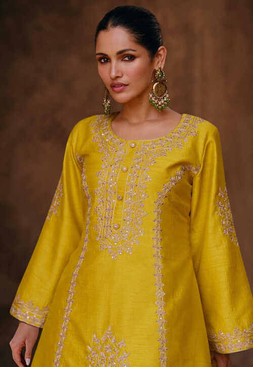 Buy Embroidered Art Silk Punjabi Suit In Yellow Online Kch12860