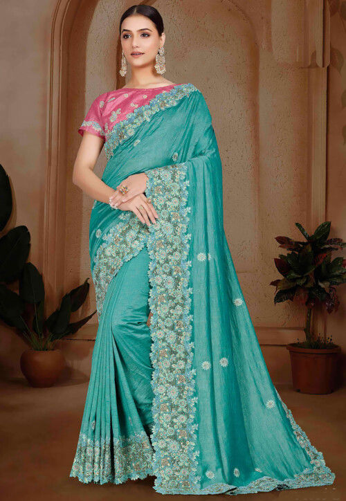 Buy Embroidered Art Silk Saree in Turquoise Online : SSEA3835 - Utsav ...