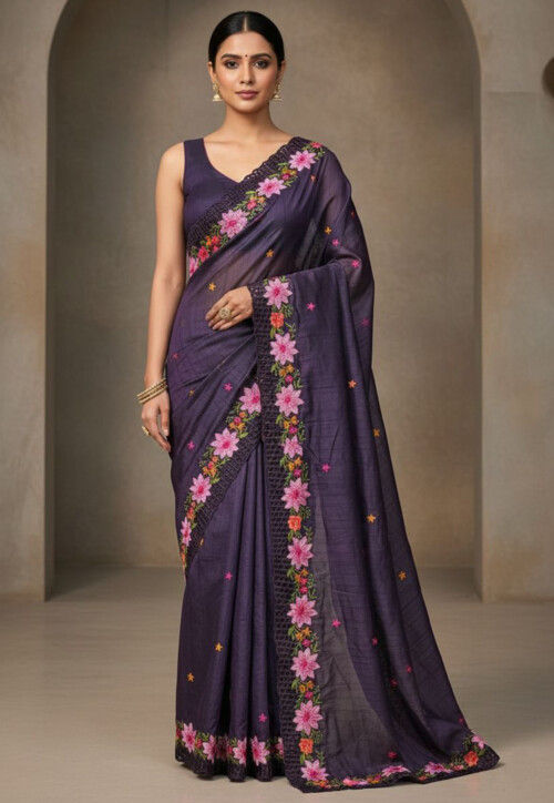 Buy Embroidered Art Silk Saree in Violet Online : SPF17975 - Utsav Fashion
