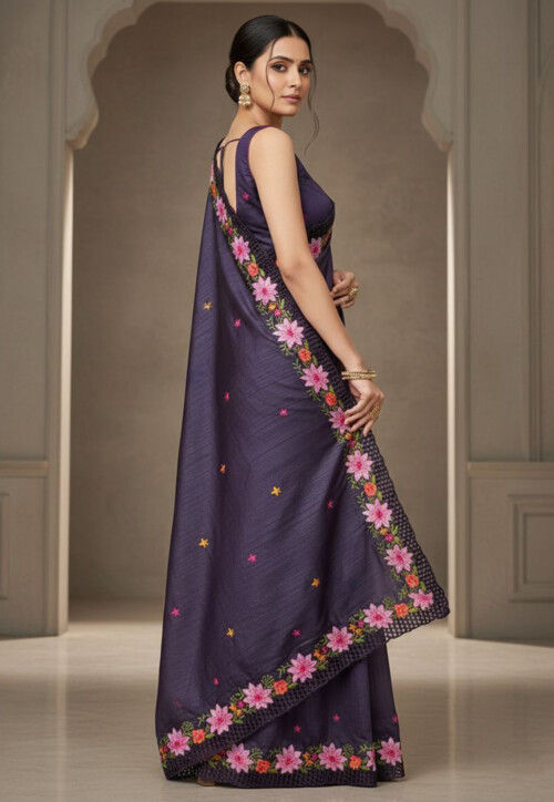 Buy Embroidered Art Silk Saree in Violet Online : SPF17975 - Utsav Fashion