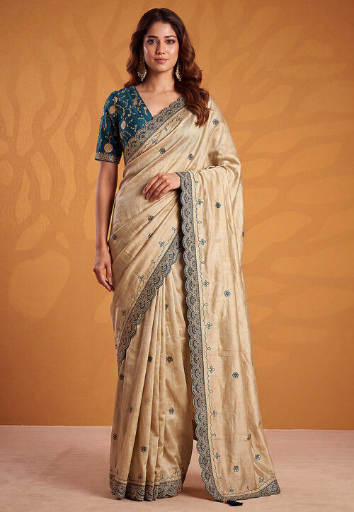Buy Embroidered Art Silk Scalloped Saree in Light Beige Online ...
