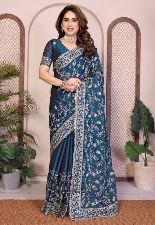 Buy Embroidered Art Silk Scalloped Saree in Teal Blue Online : SACA92 ...