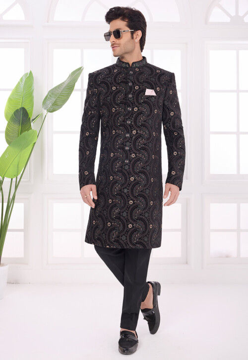 Buy Embroidered Art Silk Sherwani in Black Online : MLY3495 - Utsav Fashion