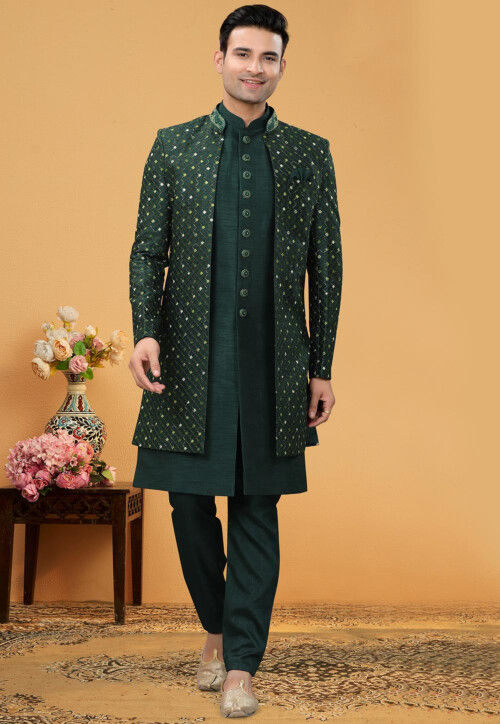 Buy Embroidered Art Silk Sherwani in Dark Green Online : MKM1043 ...