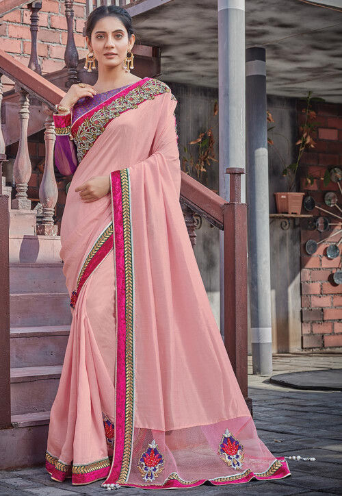 Embroidered Border Art Silk Saree in Pink : SBHA2774