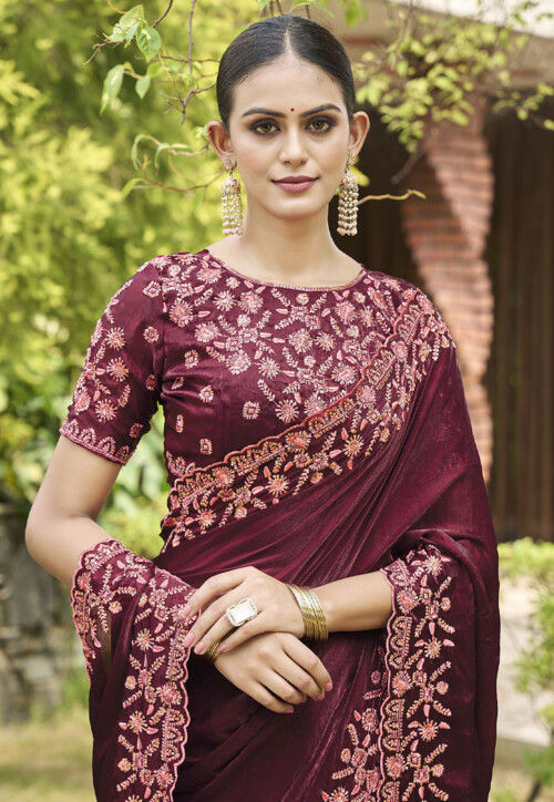 Buy Embroidered Border Art Silk Scalloped Saree in Maroon Online ...