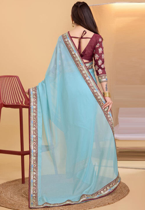 Buy Embroidered Border Organza Saree in Sky Blue Online : SPF11101 ...