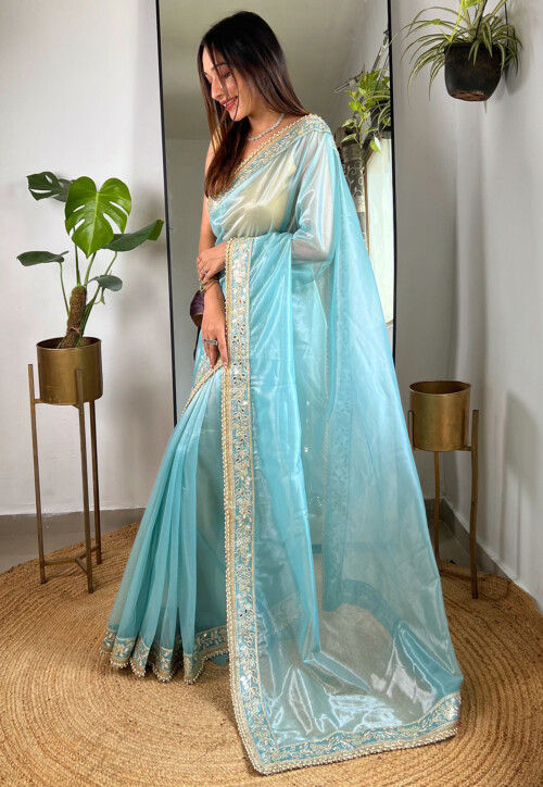 Buy Embroidered Border Tissue Silk Saree in Light Blue Online ...