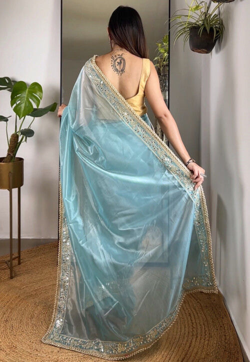 Buy Embroidered Border Tissue Silk Saree in Light Blue Online ...
