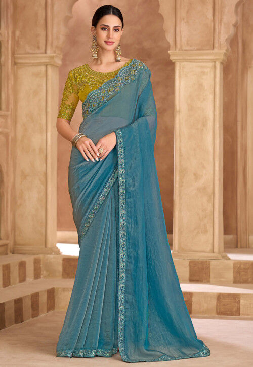 Buy Embroidered Border Tissue Silk Scalloped Saree in Light Blue Online ...