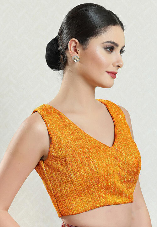Buy Embroidered Brocade Blouse in Mustard Online : UGX861 - Utsav Fashion