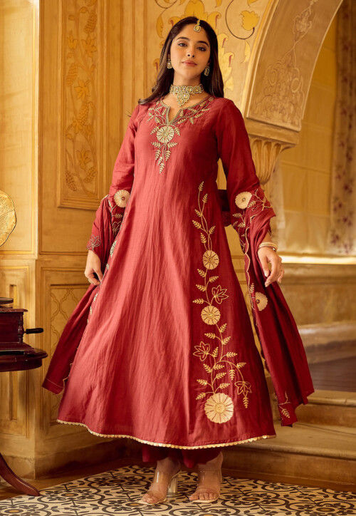 Buy Embroidered Chanderi Silk A Line Suit in Maroon Online : KJC7614 ...