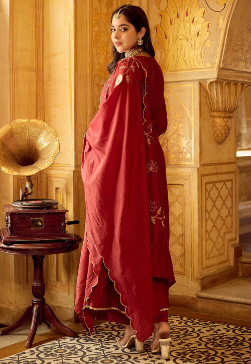 Buy Embroidered Chanderi Silk A Line Suit in Maroon Online : KJC7614 ...