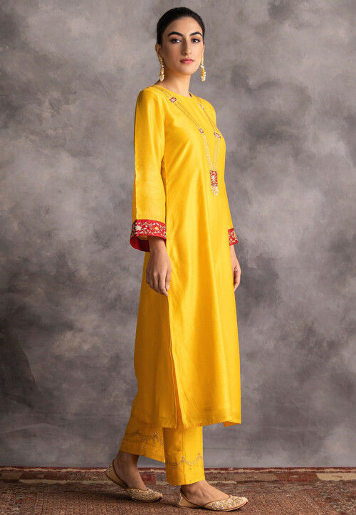 Buy Embroidered Chanderi Silk Straight Kurta Set in Yellow Online ...