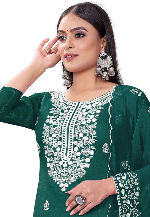 Buy Embroidered Chanderi Silk Straight Suit in Teal Green Online ...