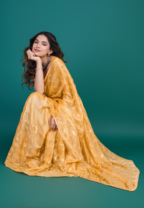 Buy Embroidered Chiffon Saree in Yellow Online : SESA1180 - Utsav Fashion