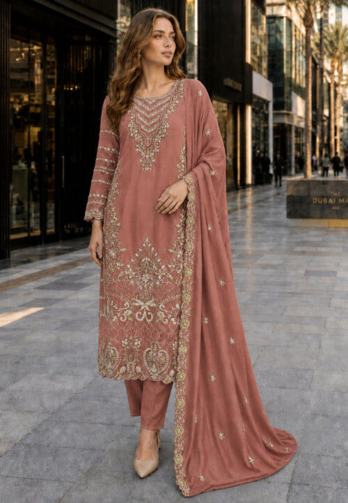 Buy Embroidered Chiffon Scalloped Pakistani Suit in Peach Online ...