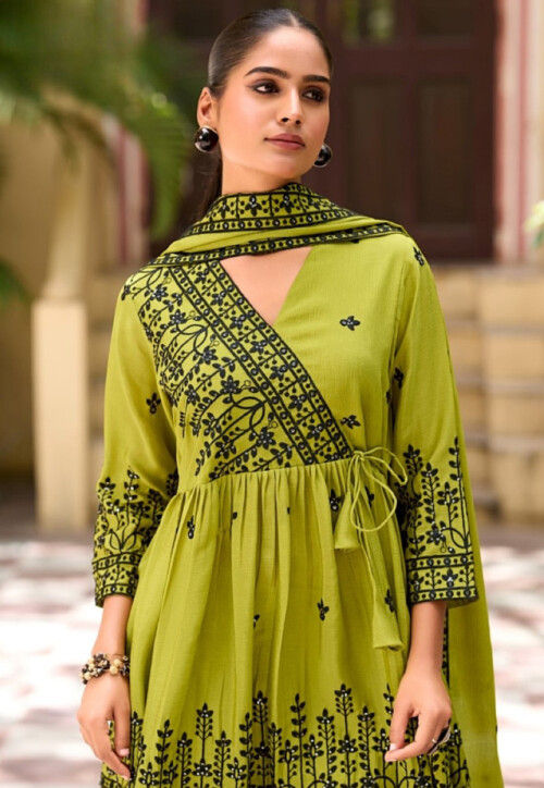 Buy Embroidered Chinon Chiffon Pakistani Suit in Light Olive Green ...
