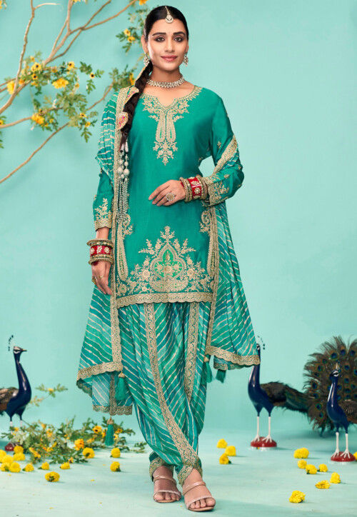 Buy Embroidered Chinon Chiffon Punjabi Suit in Teal Blue Online ...