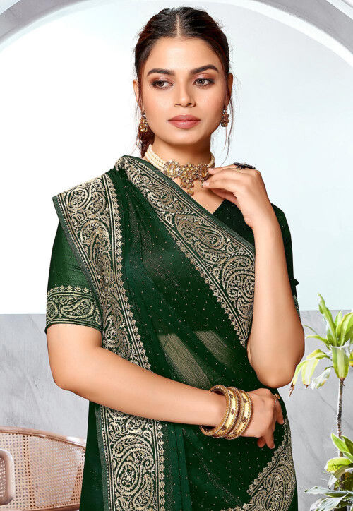 Buy Embroidered Chinon Chiffon Saree in Dark Green Online : SCBA5479 ...