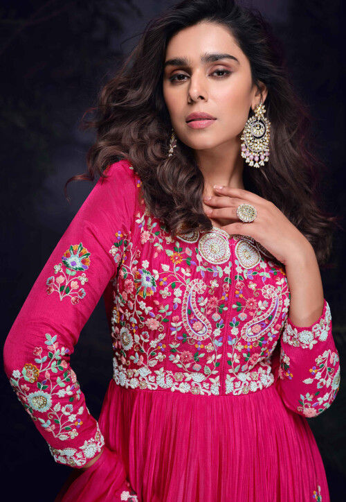 Buy Embroidered Chinon Silk Abaya Style Suit in Fuchsia Online ...