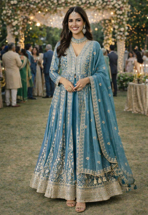Buy Embroidered Chinon Silk Front Slit Abaya Style Suit in Blue Online ...