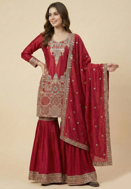 Buy Embroidered Chinon Silk Pakistani Suit in Maroon Online : KBNQ7350 ...
