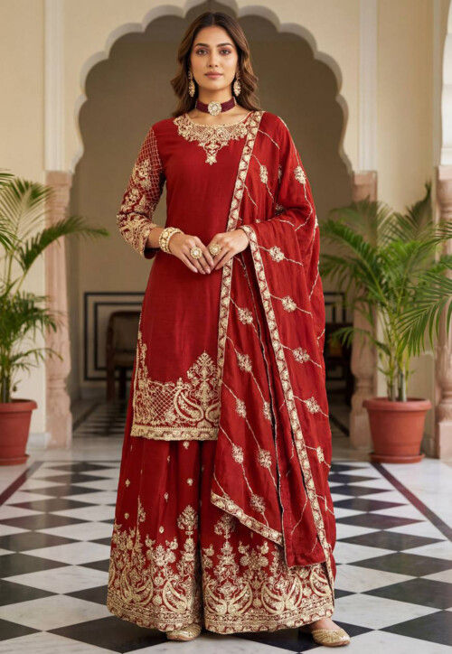 Buy Embroidered Chinon Silk Pakistani Suit in Red Online : KJFB252 ...