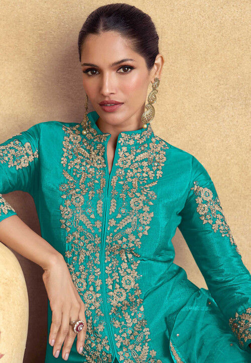 Buy Embroidered Chinon Silk Pakistani Suit in Turquoise Online ...