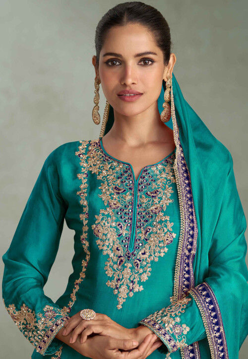Buy Embroidered Chinon Silk Pakistani Suit in Turquoise Online ...