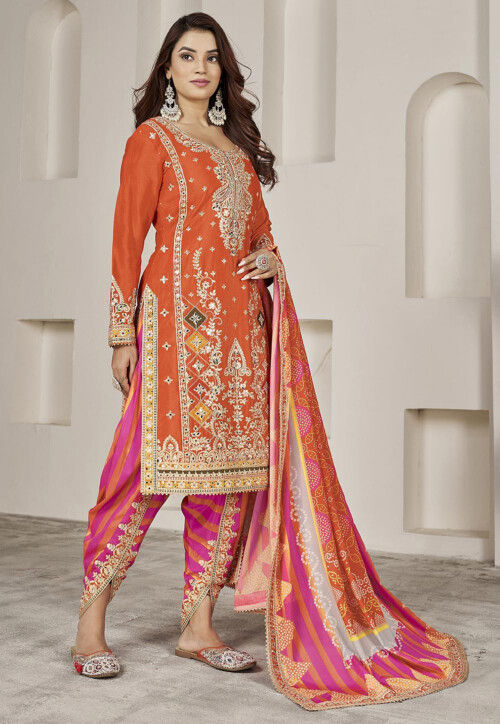 Buy Embroidered Chinon Silk Punjabi Suit in Orange Online : KCH12975 ...