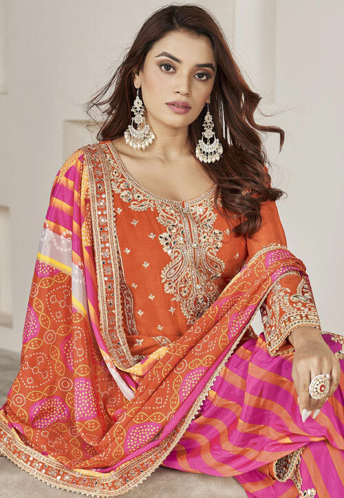 Buy Embroidered Chinon Silk Punjabi Suit in Orange Online : KCH12975 ...