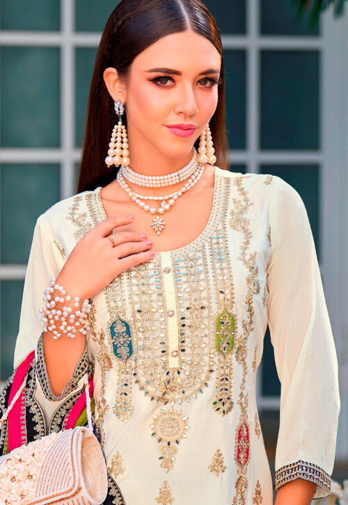 Buy Embroidered Chinon Silk Scalloped Pakistani Suit in Cream Online ...