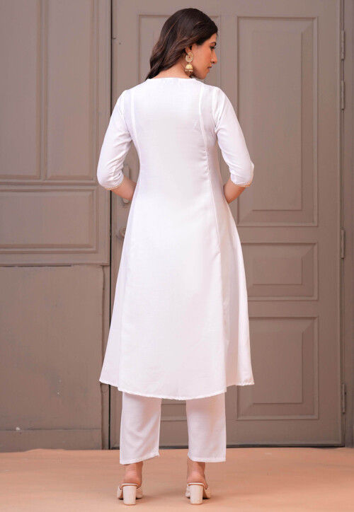 Buy Embroidered Cotton A Line Suit in White Online : KTF1013 - Utsav ...