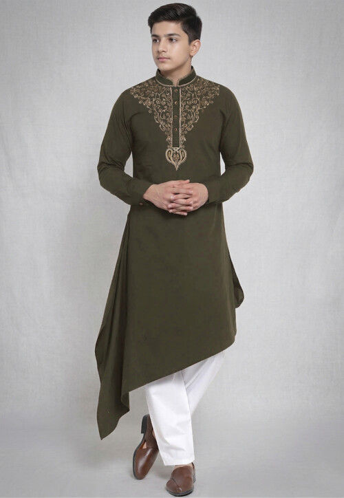 Buy Embroidered Cotton Asymmetric Kurta Set in Olive Green Online ...