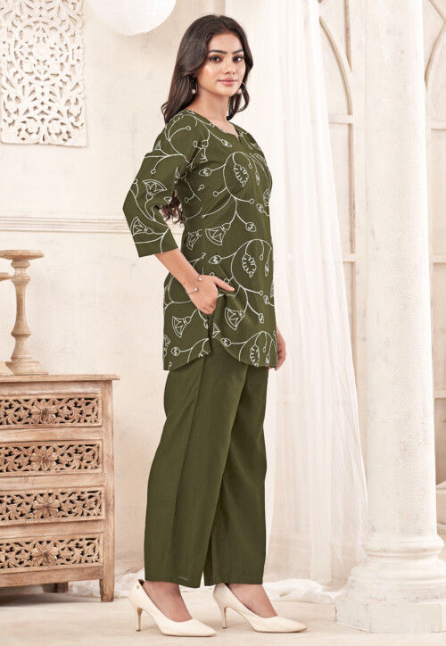 Buy Embroidered Cotton Co Ord Set in Olive Green Online : TEC824 ...