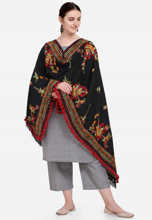 Buy Aari Embroidered Cotton Stole in Black Online : BDM85 - Utsav Fashion