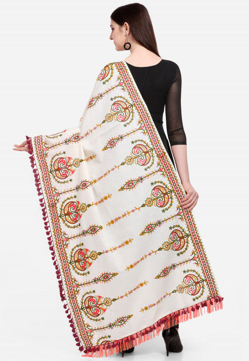 Buy Aari Embroidered Cotton Stole in Off White Online : BDM80 - Utsav ...