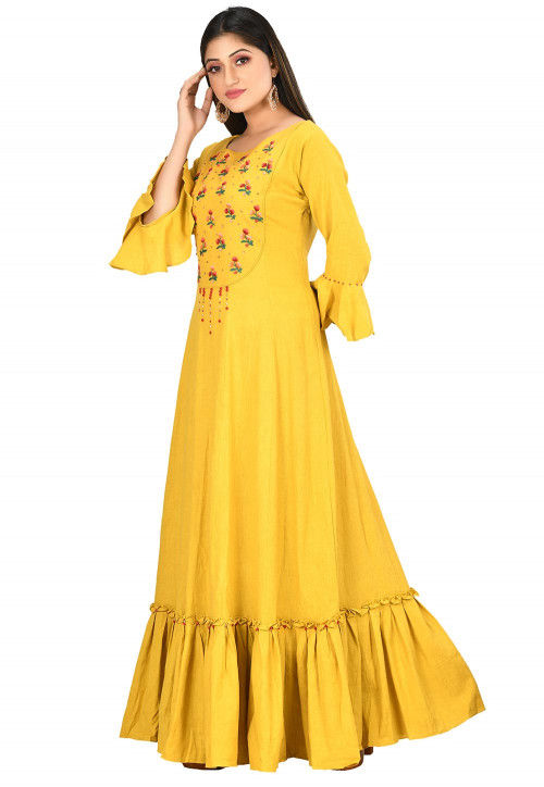 Buy Embroidered Cotton Flex Ruffled Hemline Gown in Yellow Online ...
