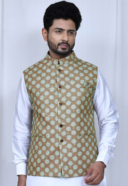 Buy Embroidered Cotton Nehru Jacket in Beige Online : MTX2945 - Utsav ...