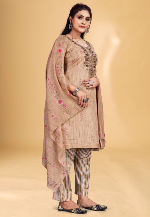 Buy Embroidered Cotton Pakistani Suit in Beige Online : KMY139 - Utsav ...