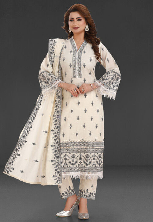 Buy Embroidered Cotton Pakistani Suit in Light Beige Online : KCU607 ...
