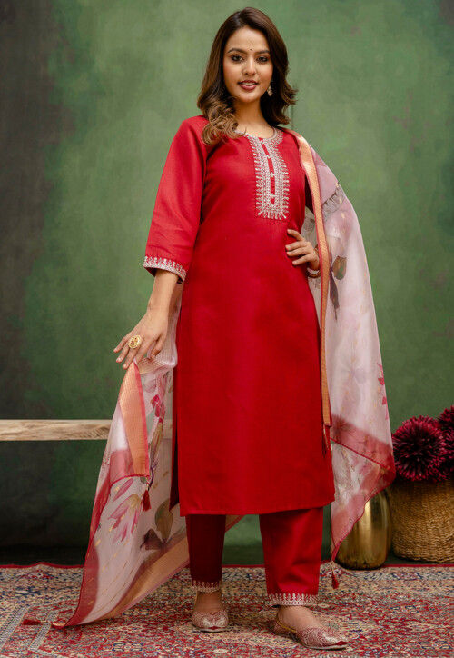 Buy Embroidered Cotton Pakistani Suit in Red Online : KBNQ6462 - Utsav ...