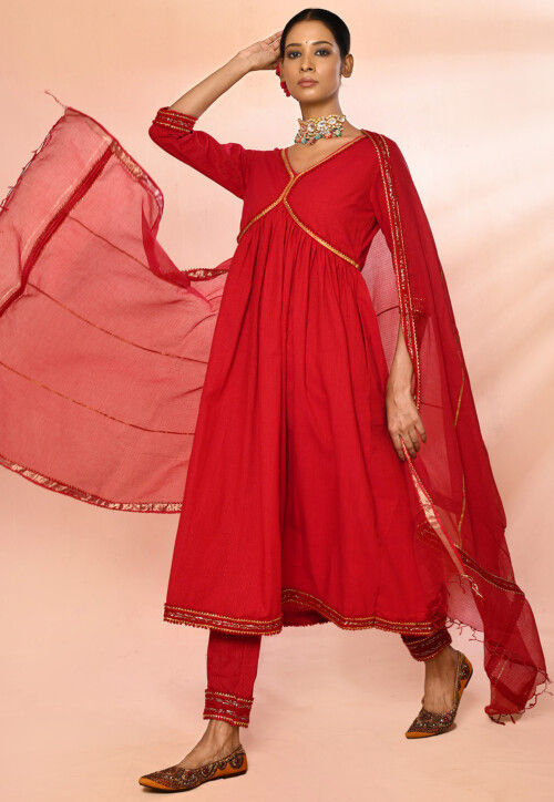 Buy Embroidered Cotton Pakistani Suit in Red Online : KBP1287 - Utsav ...