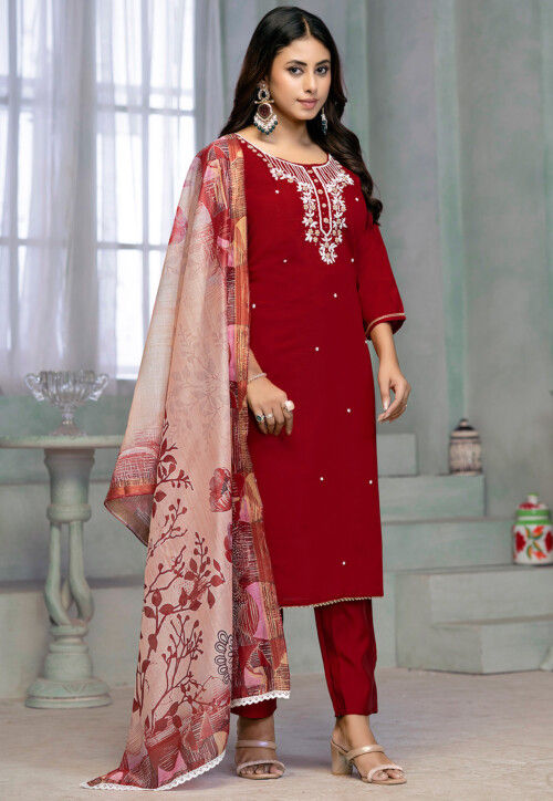 Buy Embroidered Cotton Pakistani Suit in Red Online : KYE2465 - Utsav ...