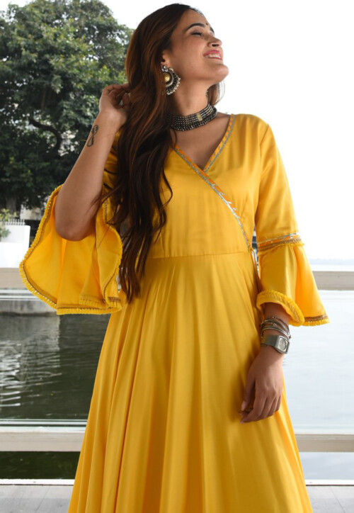 Buy Embroidered Cotton Rayon Maxi Dress Set in Yellow Online : TVE1755 ...