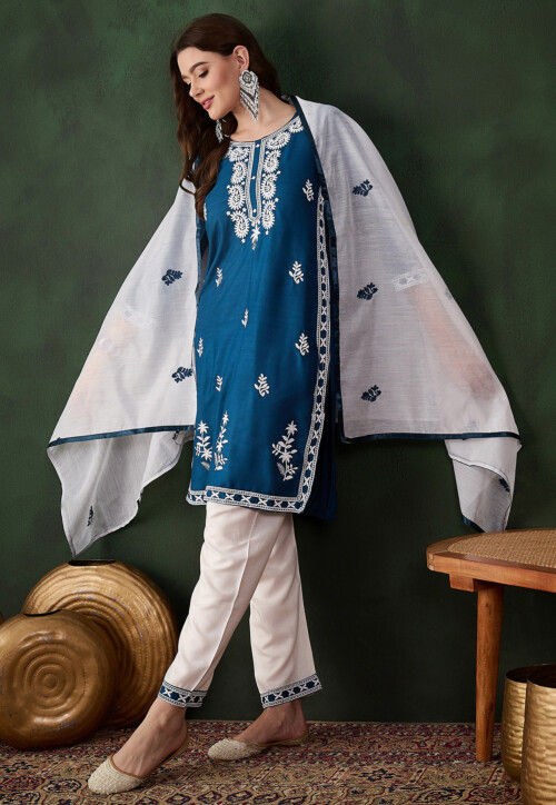 Buy Embroidered Cotton Rayon Pakistani Suit in Teal Blue Online ...