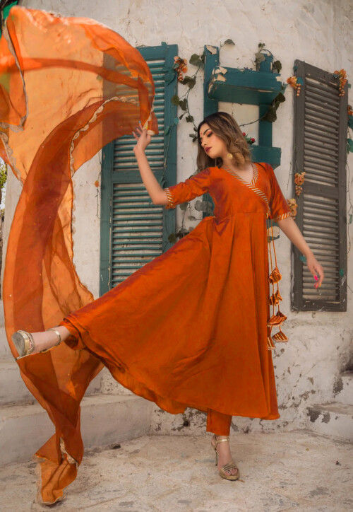 Buy Embroidered Cotton Silk A Line Suit in Rust Online : KJN4714 ...