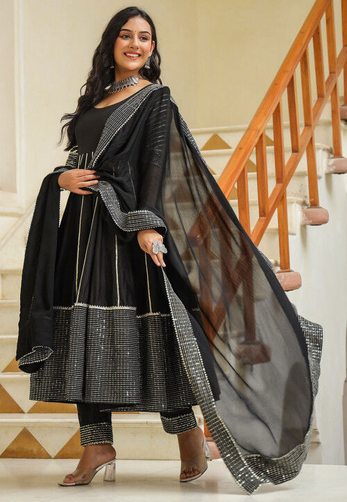 Buy Embroidered Cotton Silk Aline Suit in Black Online : KJW364 - Utsav ...